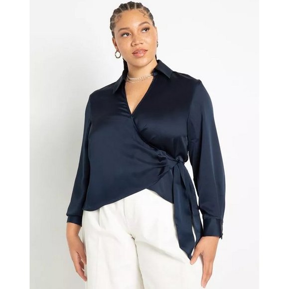 Eloquii | Tops | New Eloquii Navy Satin Collar Wrap Blouse Top 22 | Poshmark